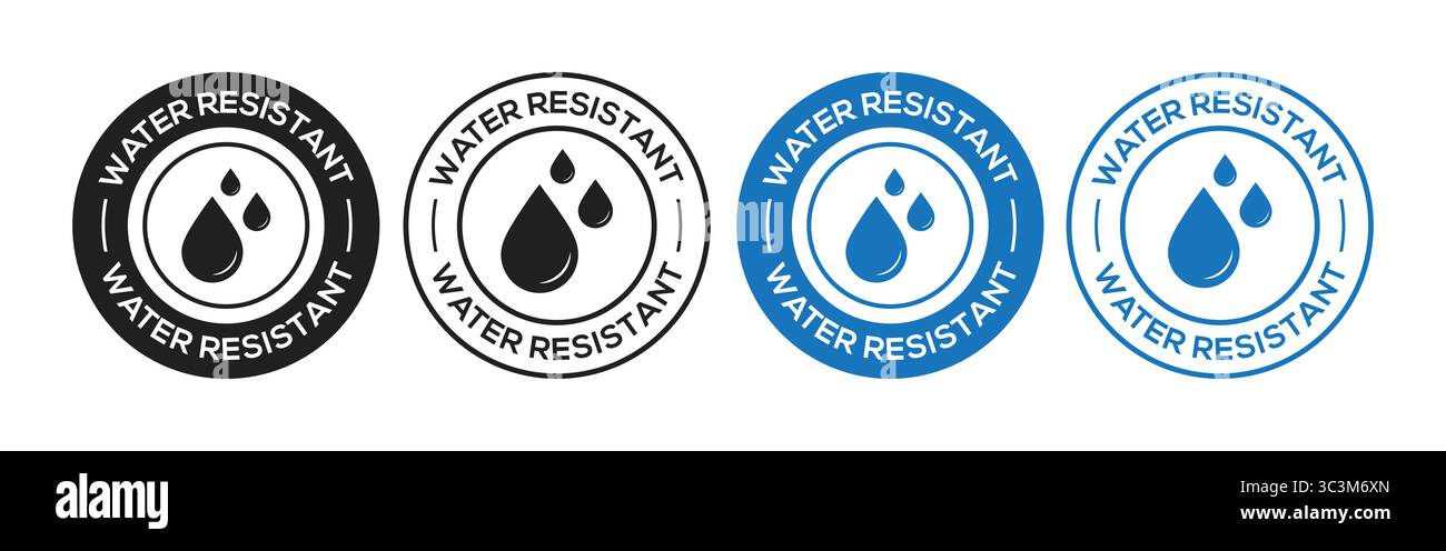 Water Resistant Badge Stamp Vector icon Set in Black and Blue. Water ...