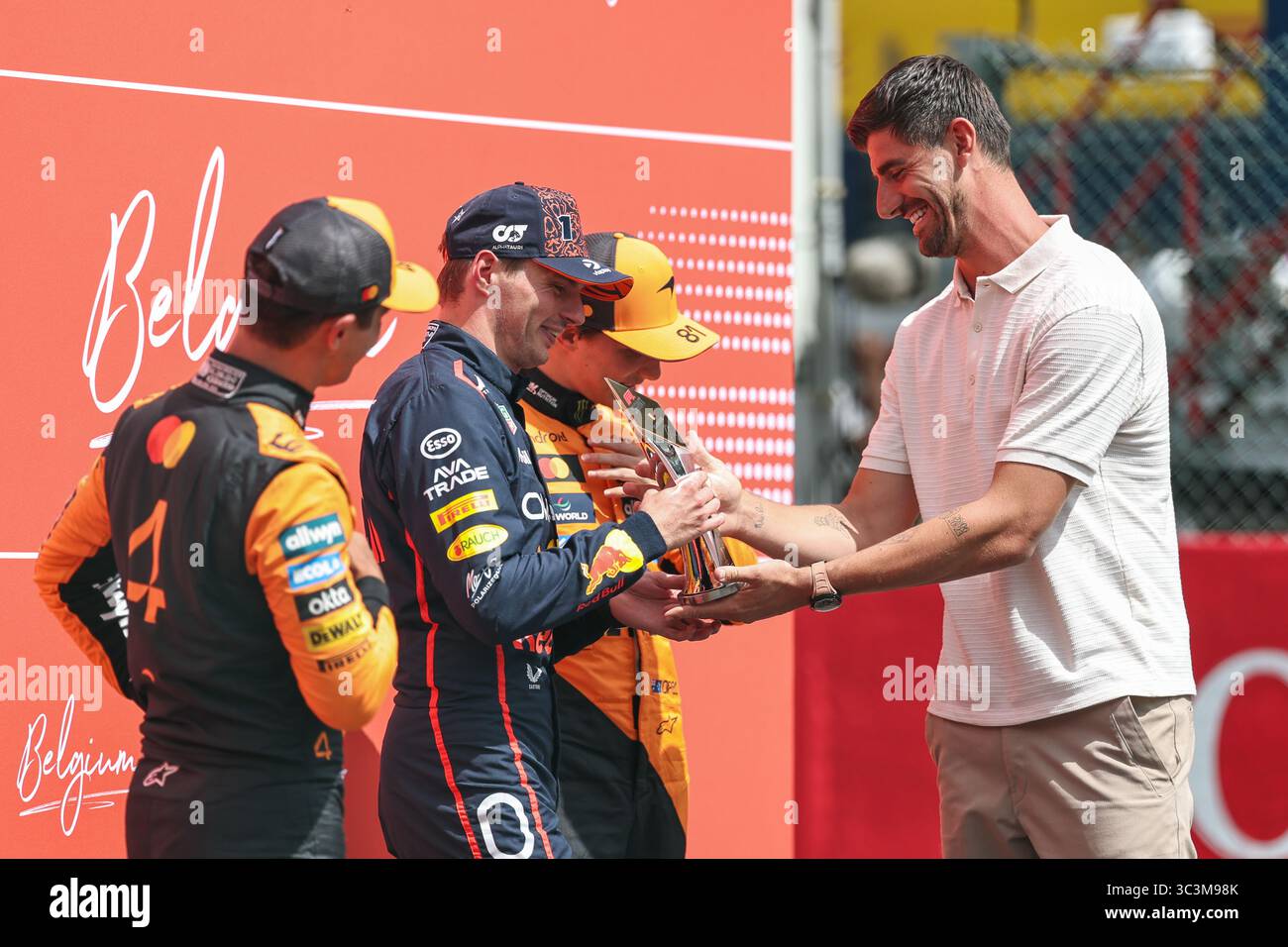 SPA, BELGIUM - JULY 25: Thibaut Courtois gives 1st place trophy to Max ...