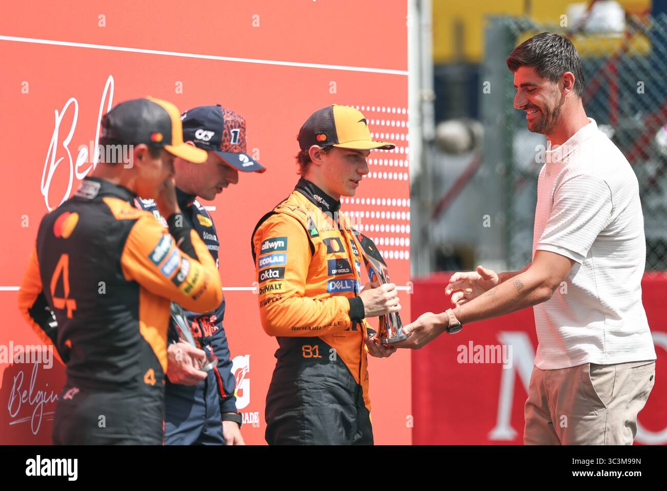 SPA, BELGIUM - JULY 25: Thibaut Courtois gives 2nd place trophy to ...