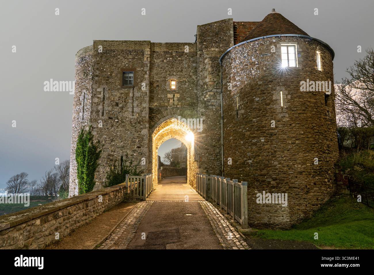 Dover castle, night. Peverell's gate, a 13th century gatehouse with a ...