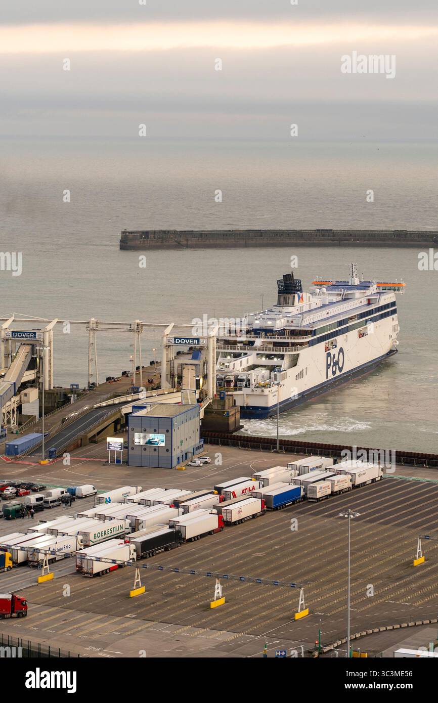 Trucks waiting in truck park while the P&O car ferry, 'Spirit of France ...