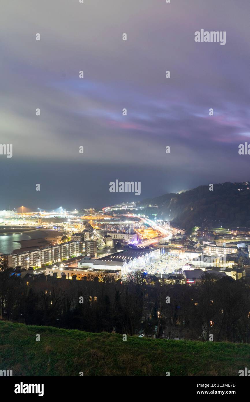 Dramatic blue hour sky over the town and port of Dover as seen from ...