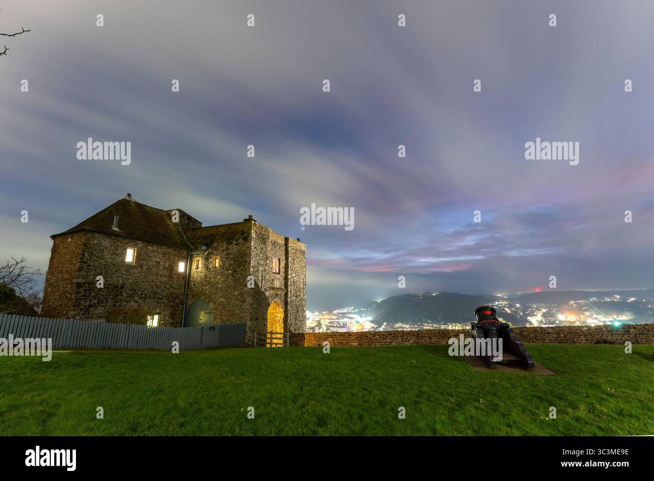 Dover castle at night. Medieval siege mortar with Peverell's 13th ...