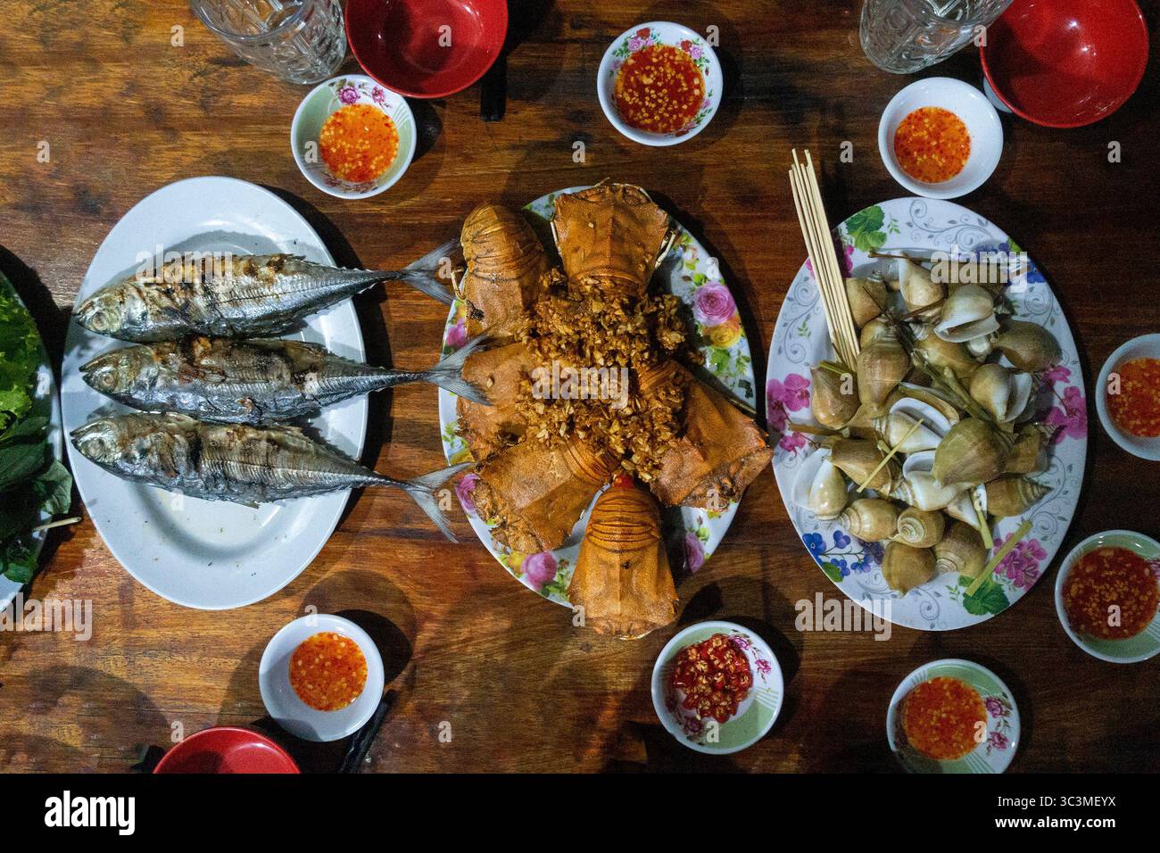 Simple yet delicious seafood feast, with large mantis shrimp, grilled ...