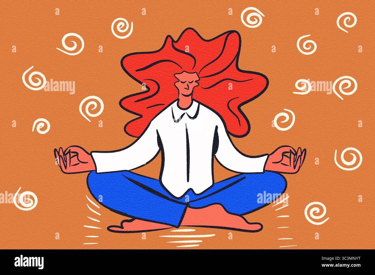 Illustration of a person with red hair meditating cross-legged on a ...