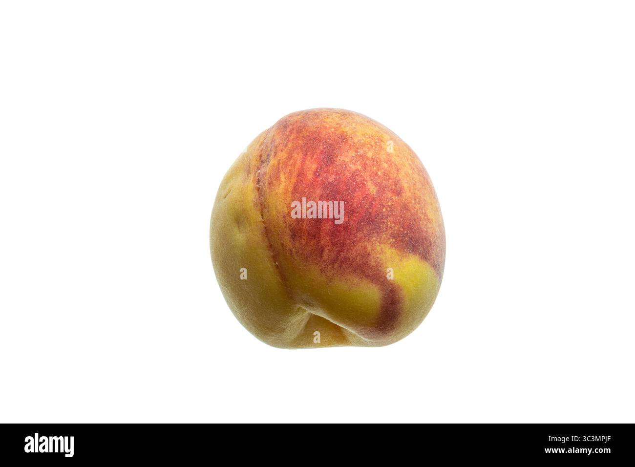 Peach fruit. Side view of a peach (Prunus persica) fruit. Isolated on a ...