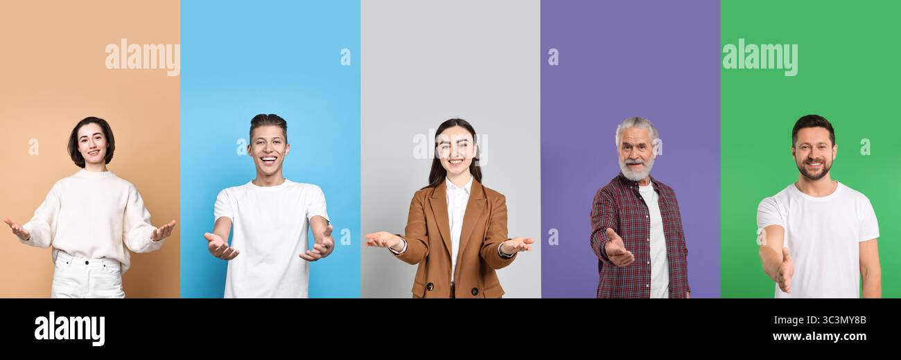 Friendly people welcoming, collection of portraits on different colors ...