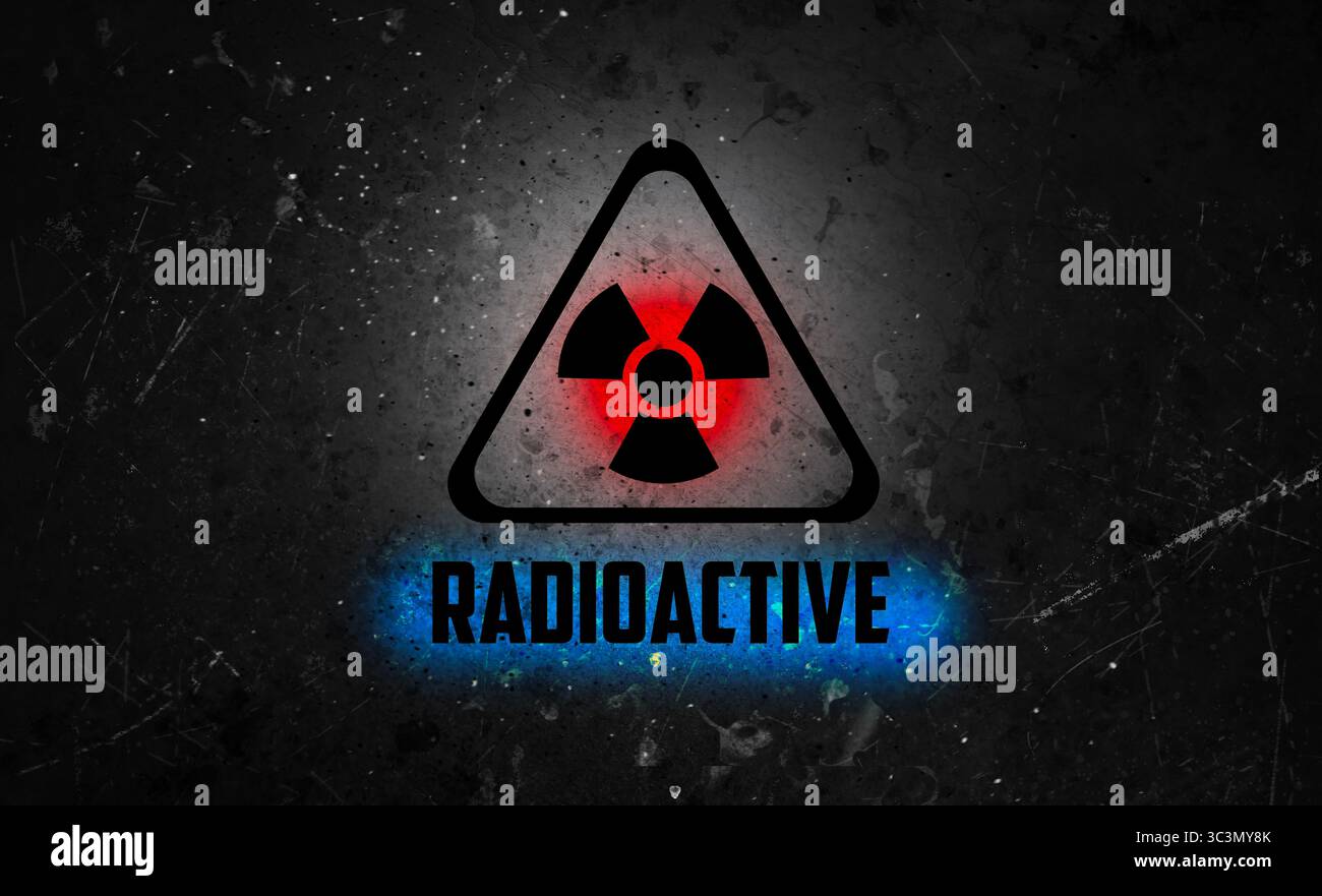Radioactive sign on black textured surface. Radiological pollution ...