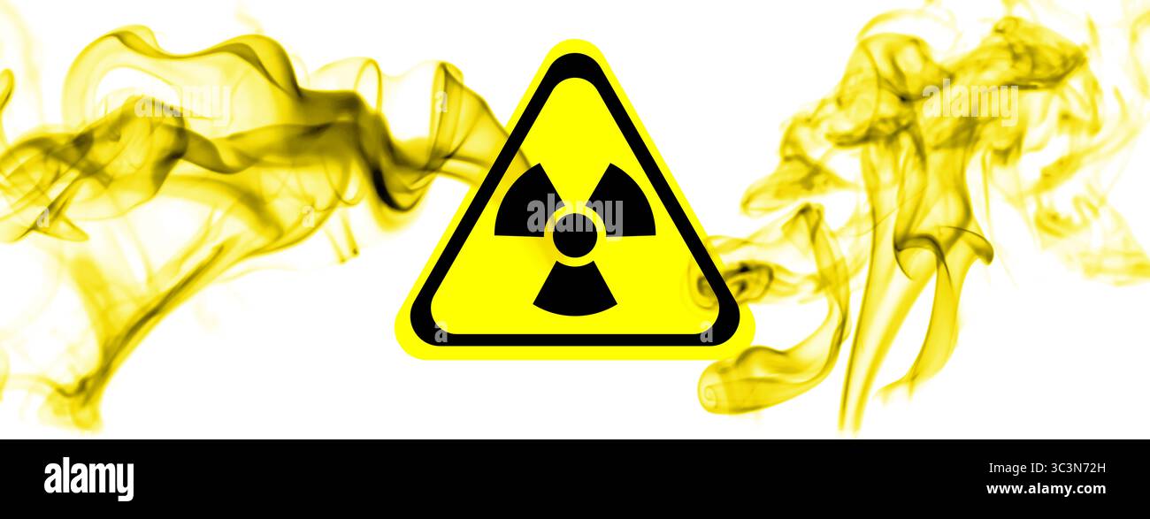 Radioactive sign and yellow toxic smoke against white background ...