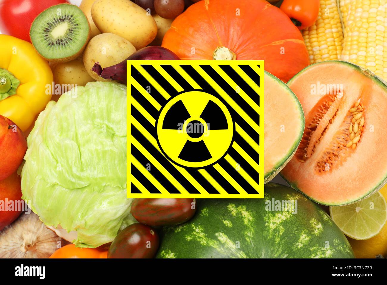 Fresh vegetables, fruits and radioactive sign. Environmental ...