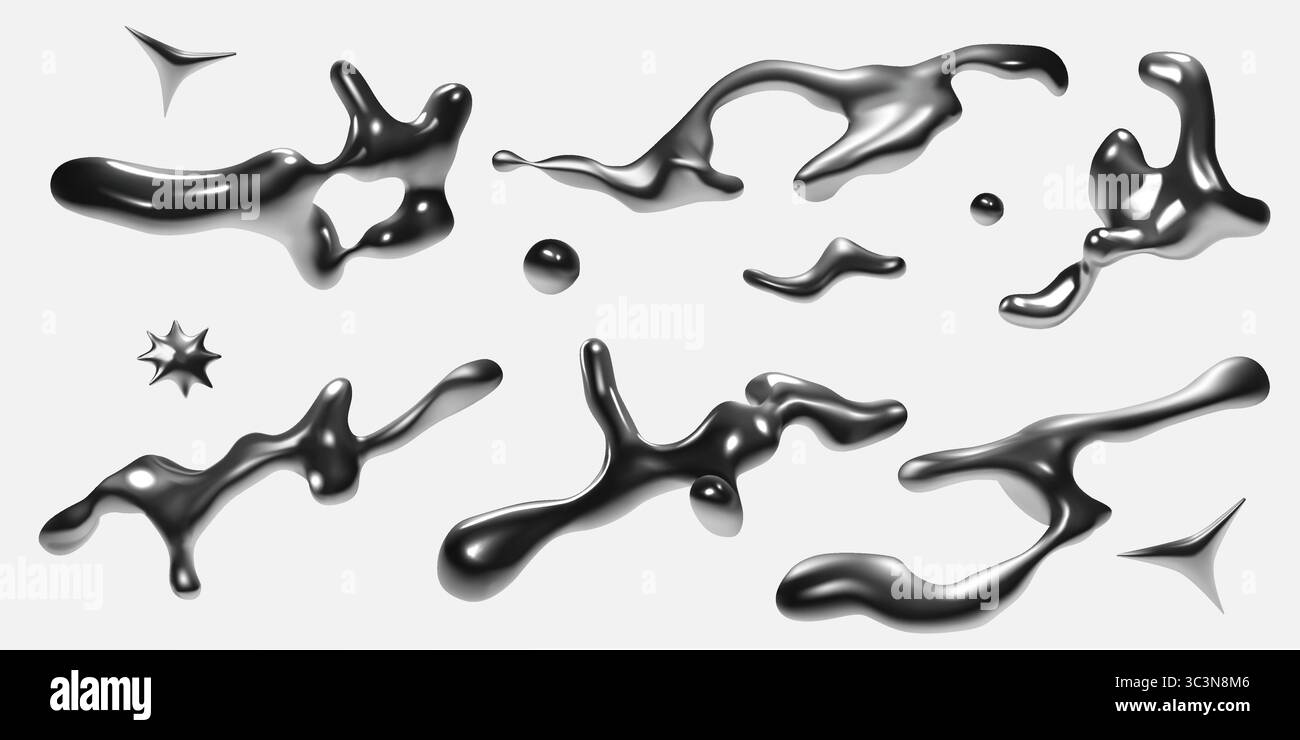 Chrome shapes. Liquid metal. Y2k silver drops. Abstract fluid hologram ...