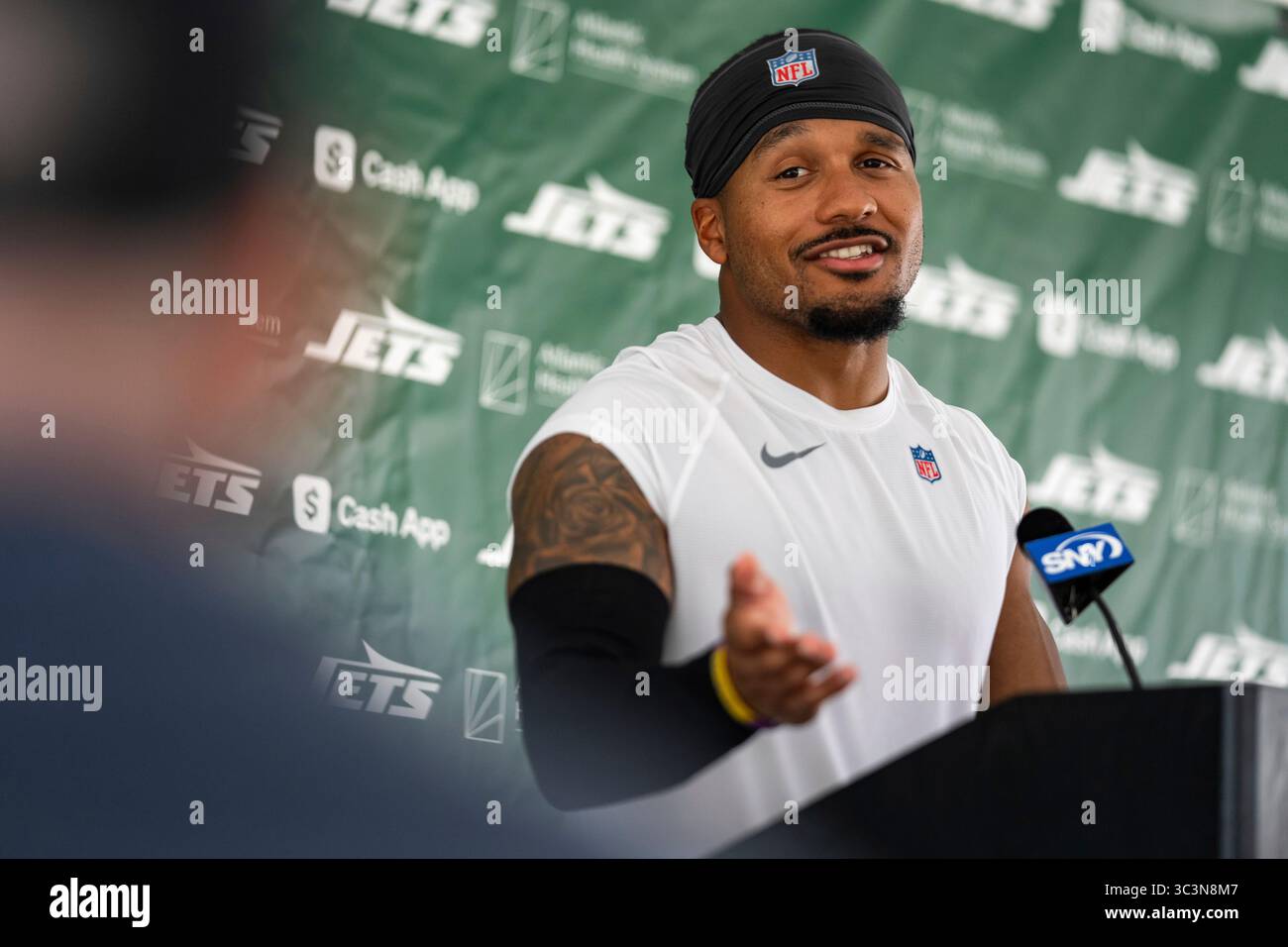 New York Jets cornerback Michael Carter II (30) speaks at a press ...
