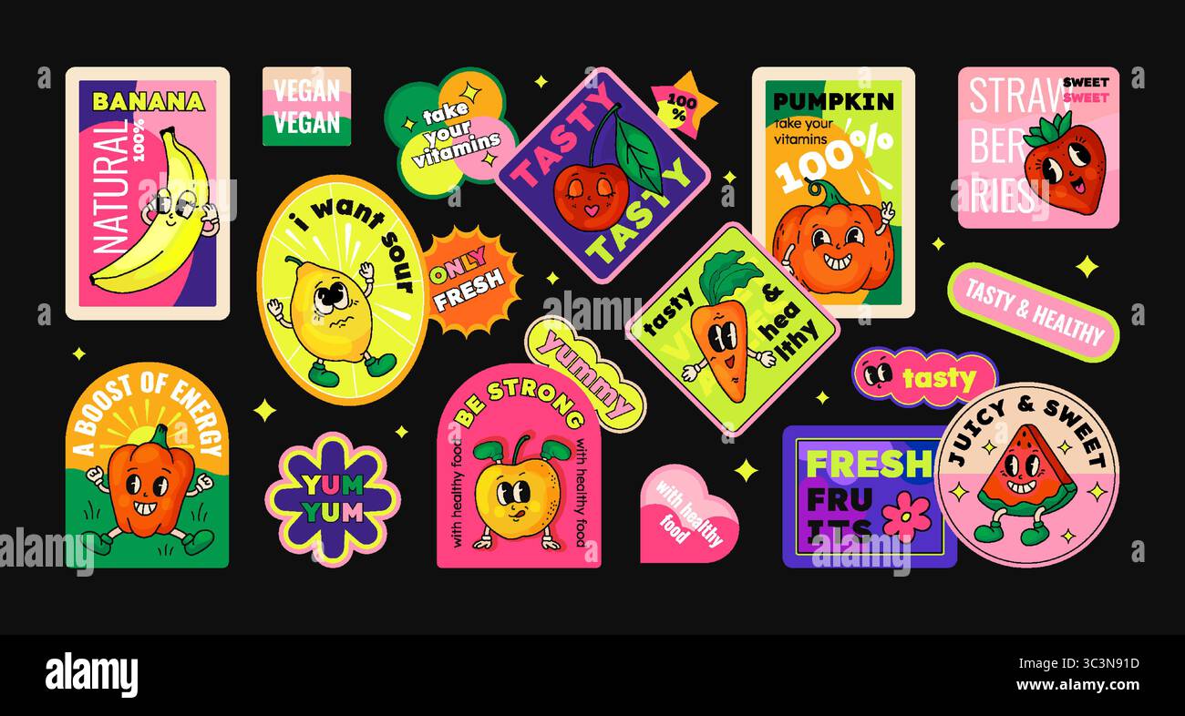Groovy fruit characters stickers Stock Vector Images - Alamy