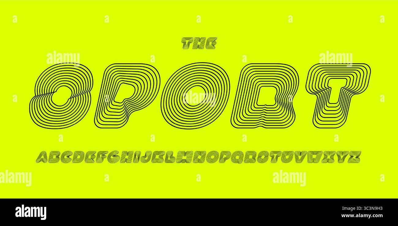 Linear psychedelic bold font. Futuristic layered alphabet for groovy ...
