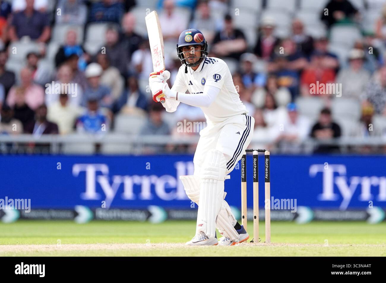 India's Shubman Gill watches the delivery by England's Brydon Carse go ...