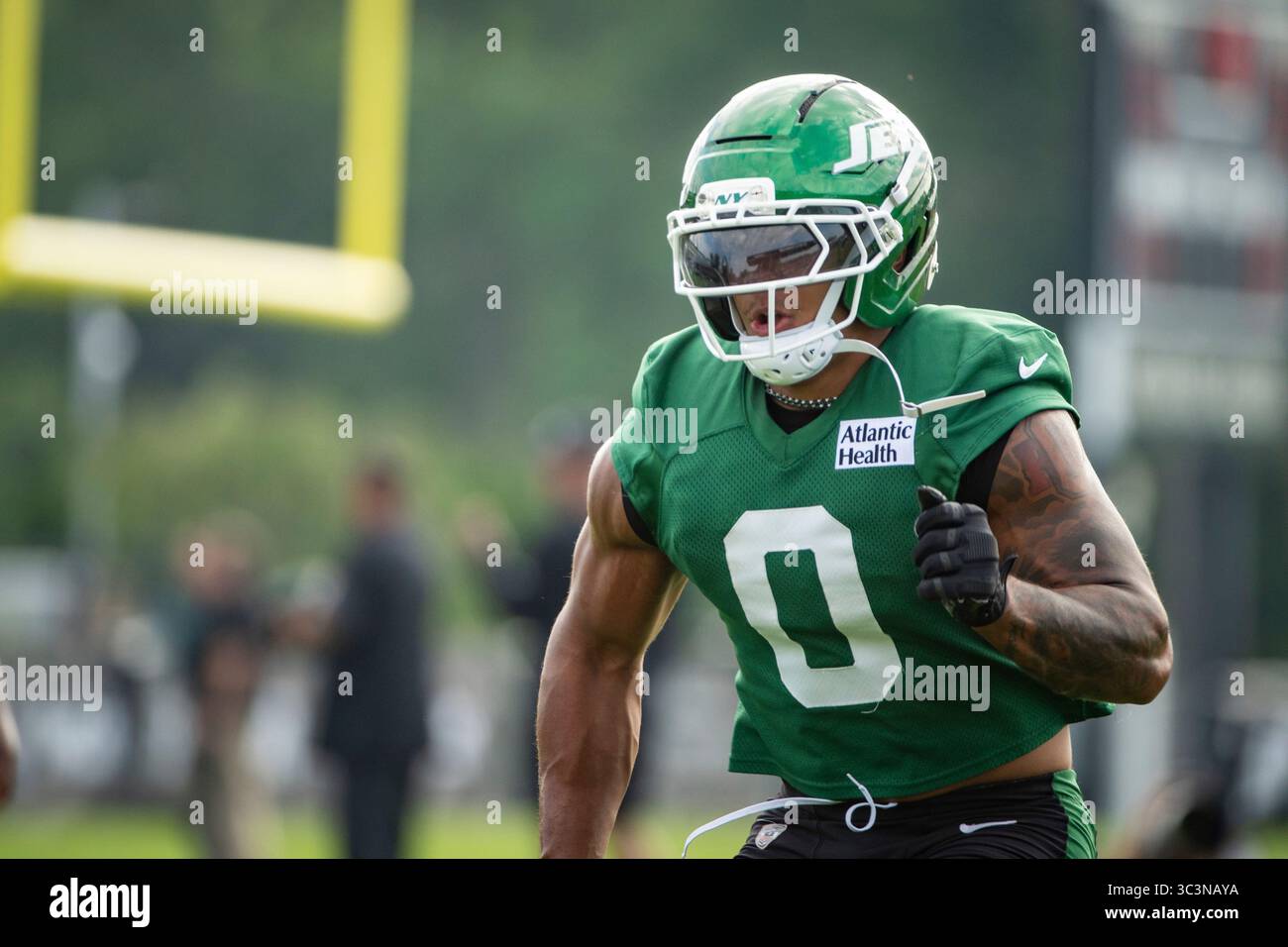 New York Jets running back Braelon Allen (0) runs drills during ...