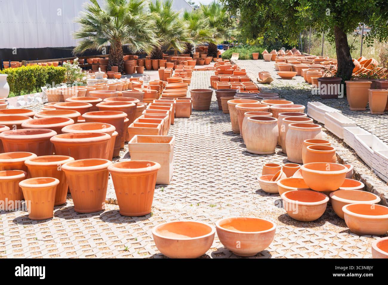 Rows of terracotta planters in various shapes and sizes are arranged ...