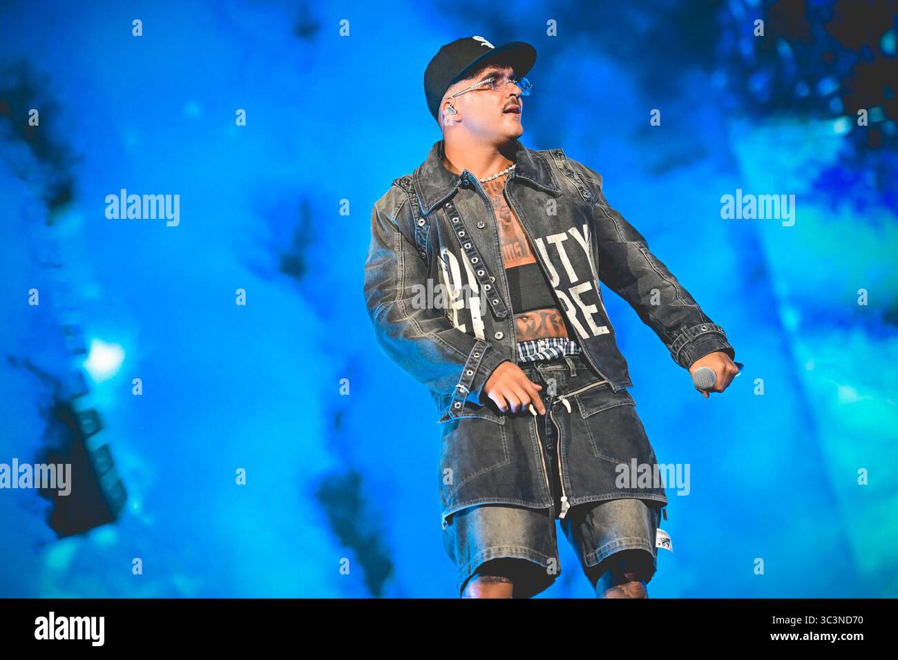 Italian rapper Emanuele Palumbo known professionally as Geolier performs live on the stage of ...