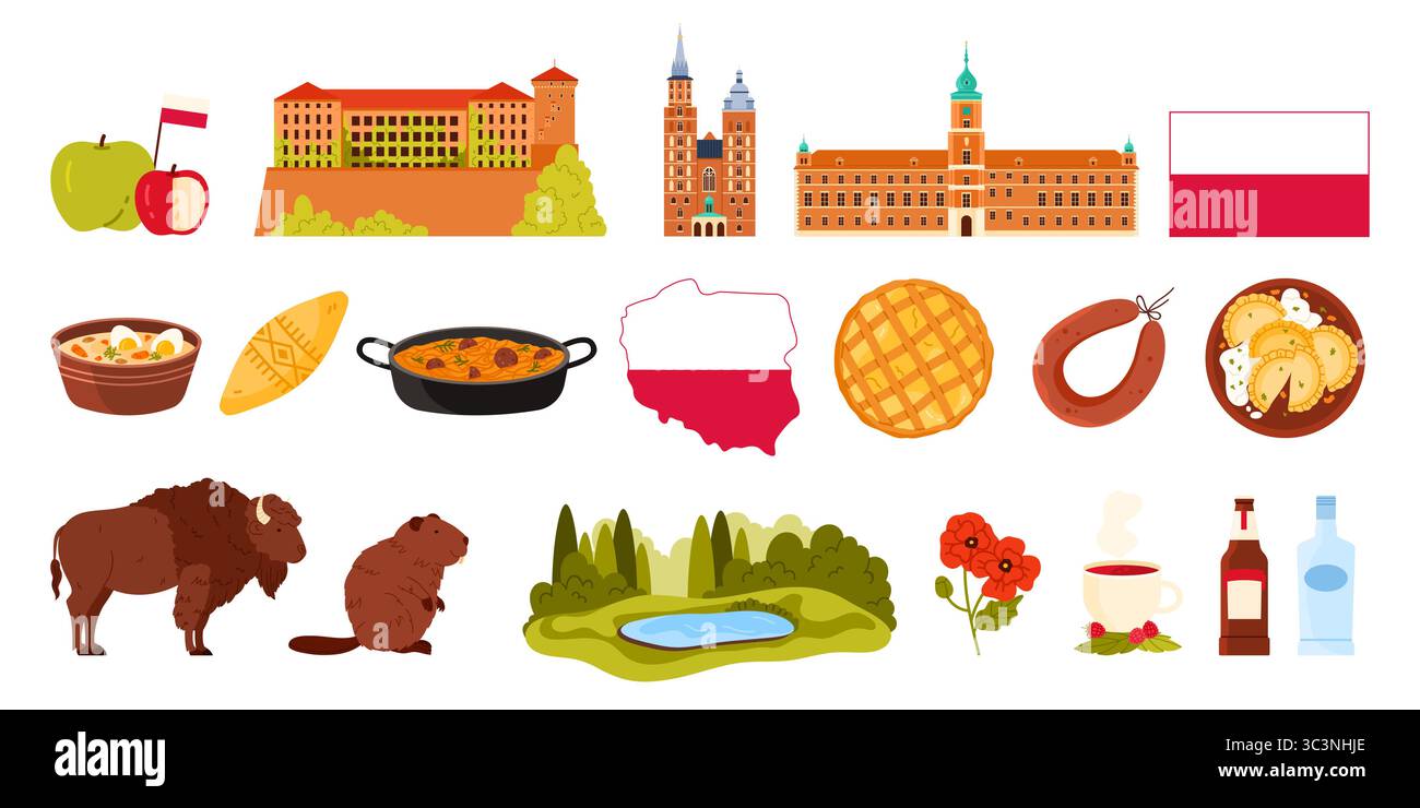 Poland travel elements and culture symbols in infographic set. Flag and ...