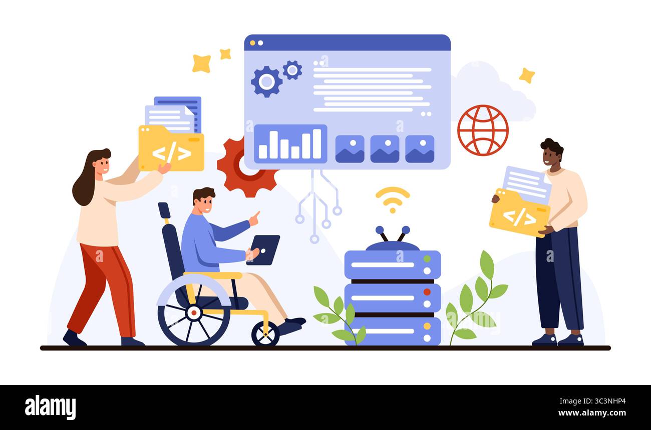 Remote data storage and management, data center, SaaS cloud platform. Tiny people work with ...