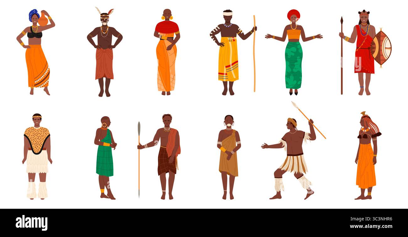 African indigenous people with traditional native clothes and weapon ...
