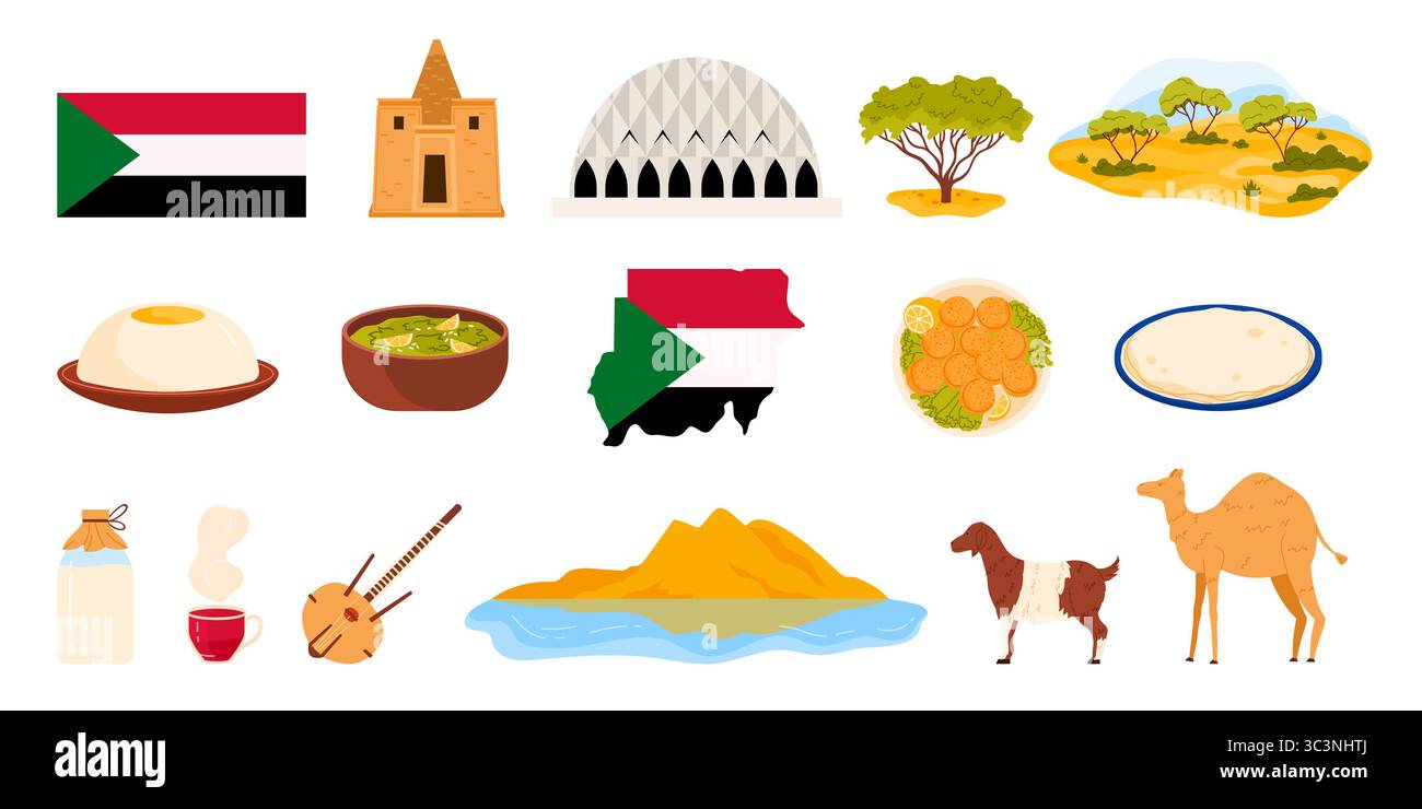 Travel to Sudan set, Sudanese culture elements and food, flag, nature ...