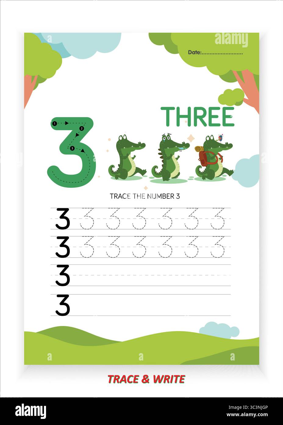 Number Three Tracing and Writing Practice Sheet for Kids Learn to Trace Write and Recognize the ...