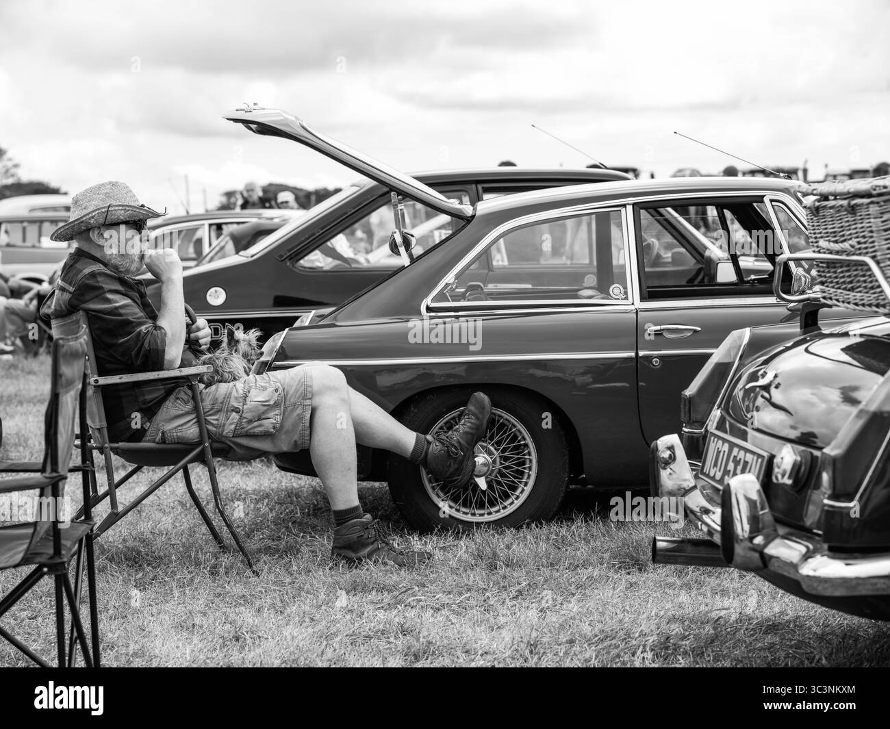 Man sitting iwht his small yorkshire terrier dog next to his MG at St ...