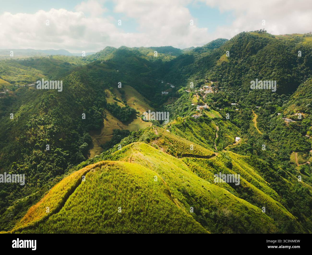 Aerial view of lush green mountains with scattered small villages under ...