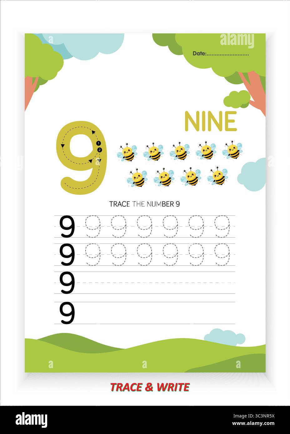 Number Nine Tracing and Writing Practice Sheet for Kids Learn to Trace ...