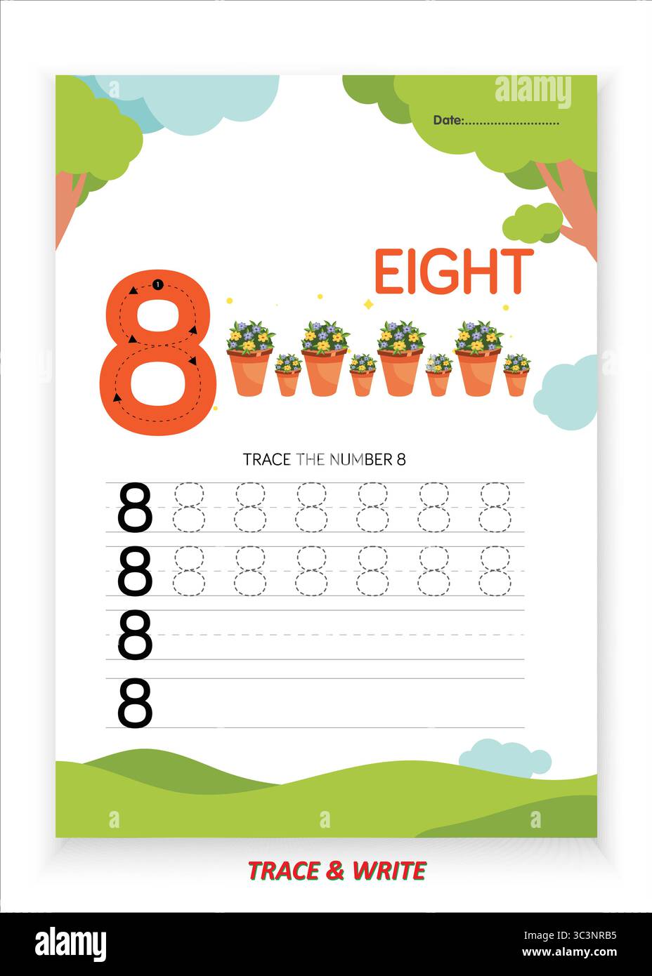 Number Eight Tracing and Writing Practice Sheet for Kids Learn to Trace ...