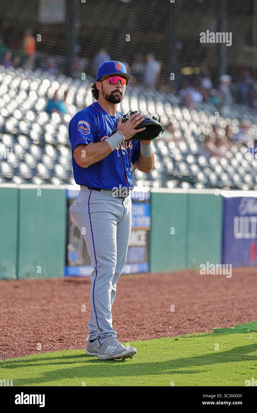 Greensboro, NC: Brooklyn Cyclones first base Corey Collins (48) warms ...