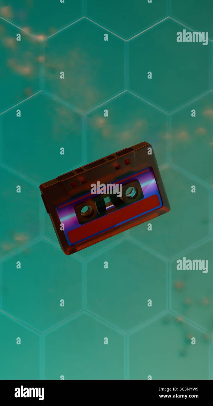 Cassette tape floats in center above translucent molecular hexagon grid ...