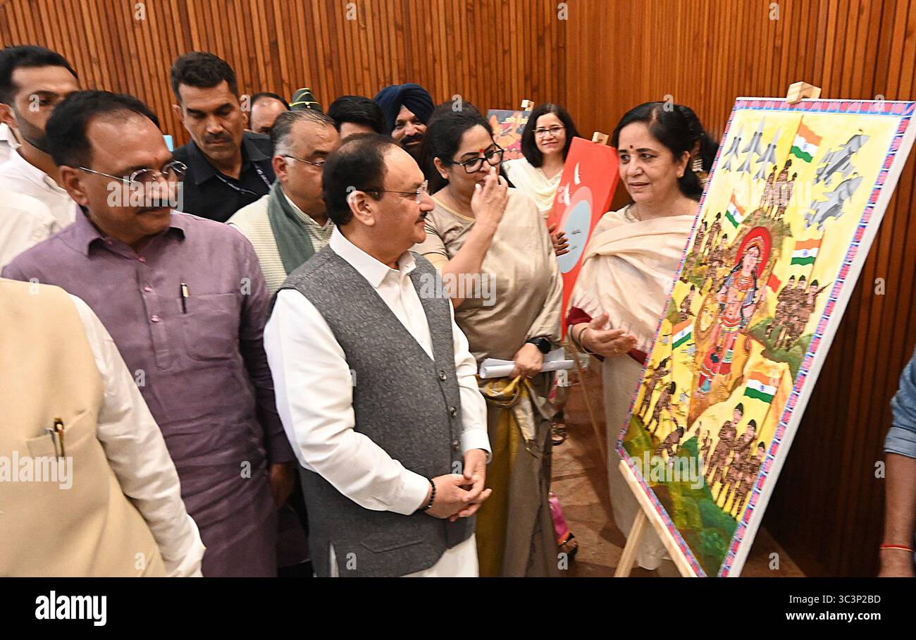 NEW DELHI, INDIA - JULY 26: BJP National President JP. Nadda looks at exhibition after ...