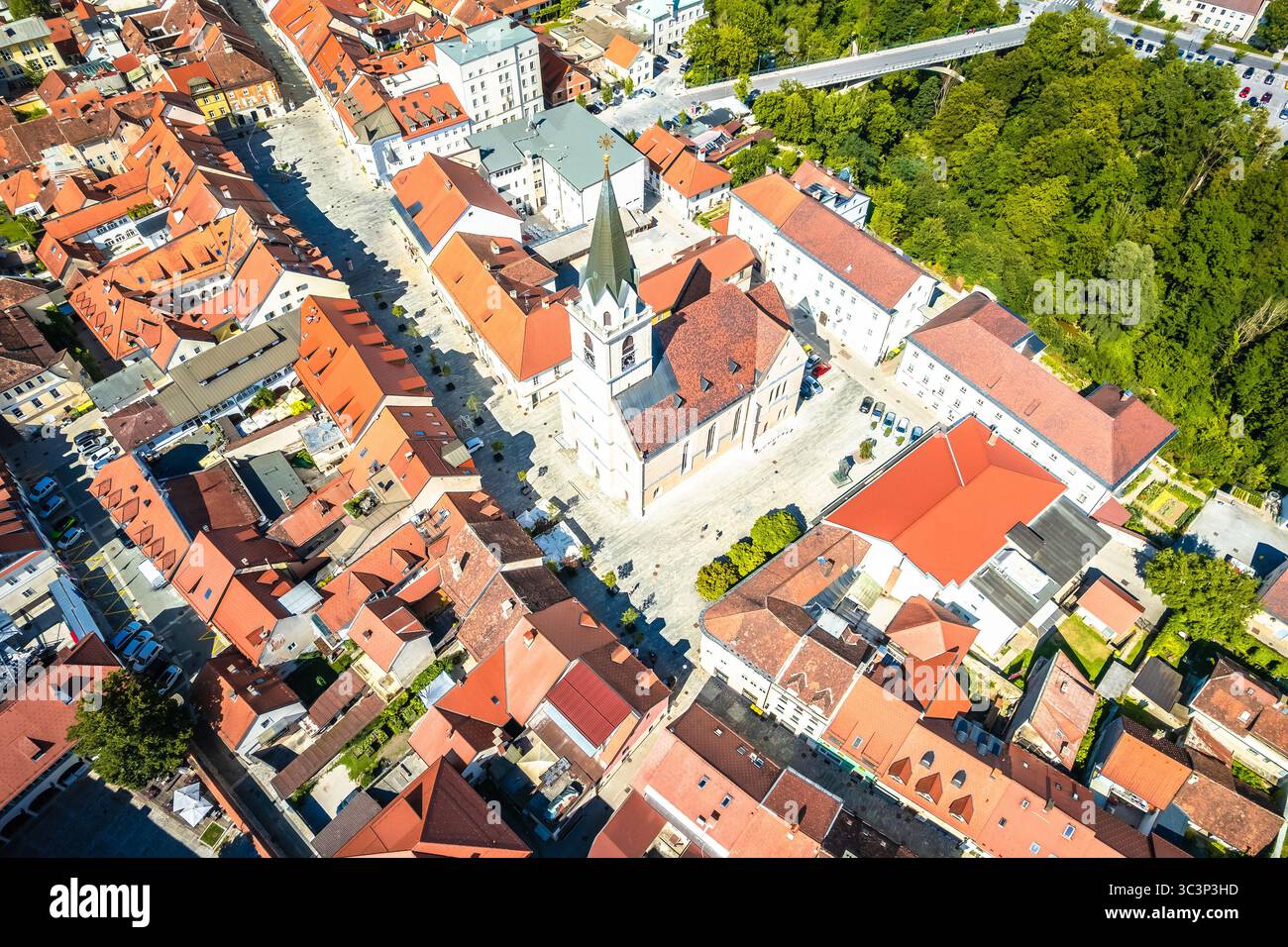 Scenic Town of Kranj chistoric center and square aerial view, central ...