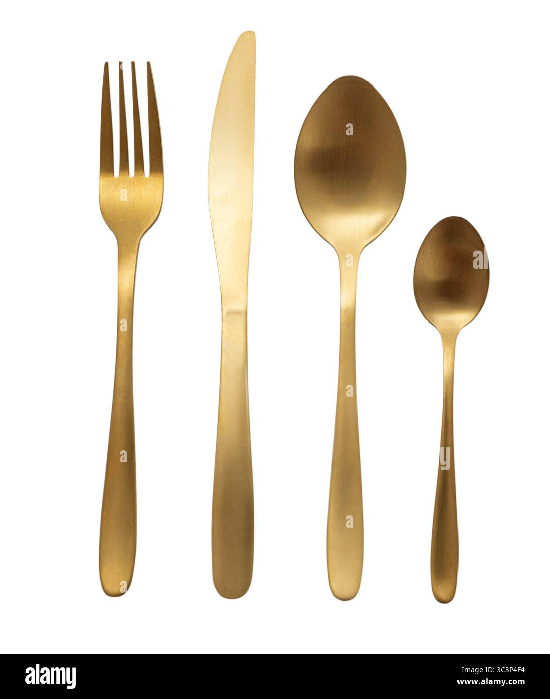 Elegant golden cutlery set including fork, knife, and spoons, isolated ...