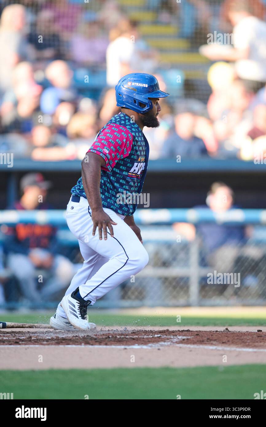 Asheville Hippies Luis Encarnacion (33) runs to first base during a ...