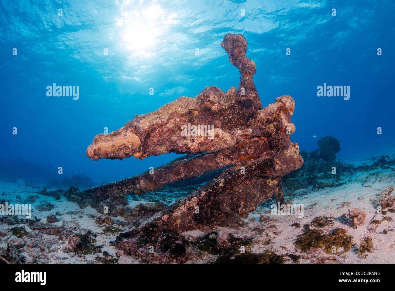 An old coral encrusted anchor sits in the shallows off the island of ...