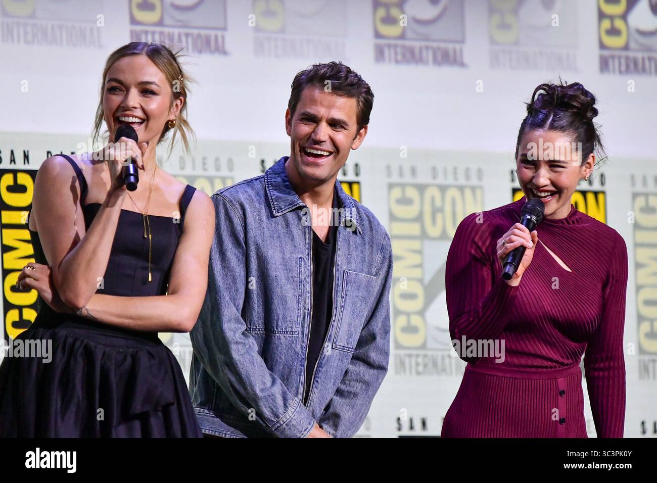 Jess Bush, from left, Paul Wesley, and Christina Chong attend a panel ...