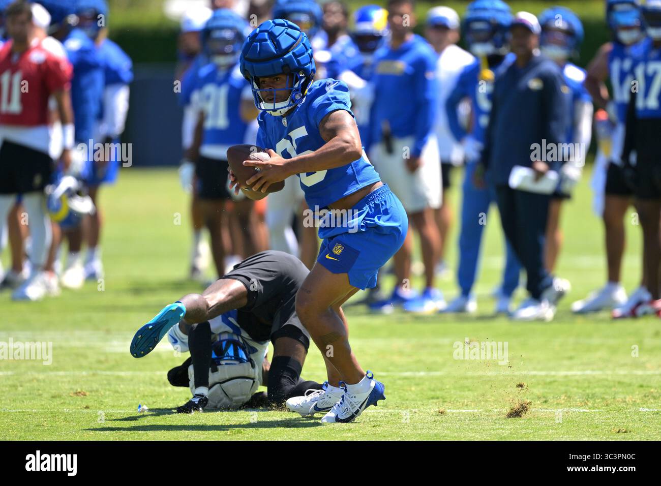 Los Angeles Rams running back Jarquez Hunter catches a pass during ...