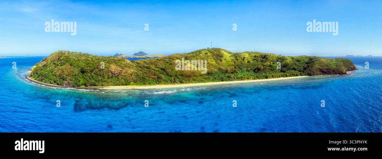 Scenic aerial panorama of Tokoriki coral reefs tourism resort island in ...