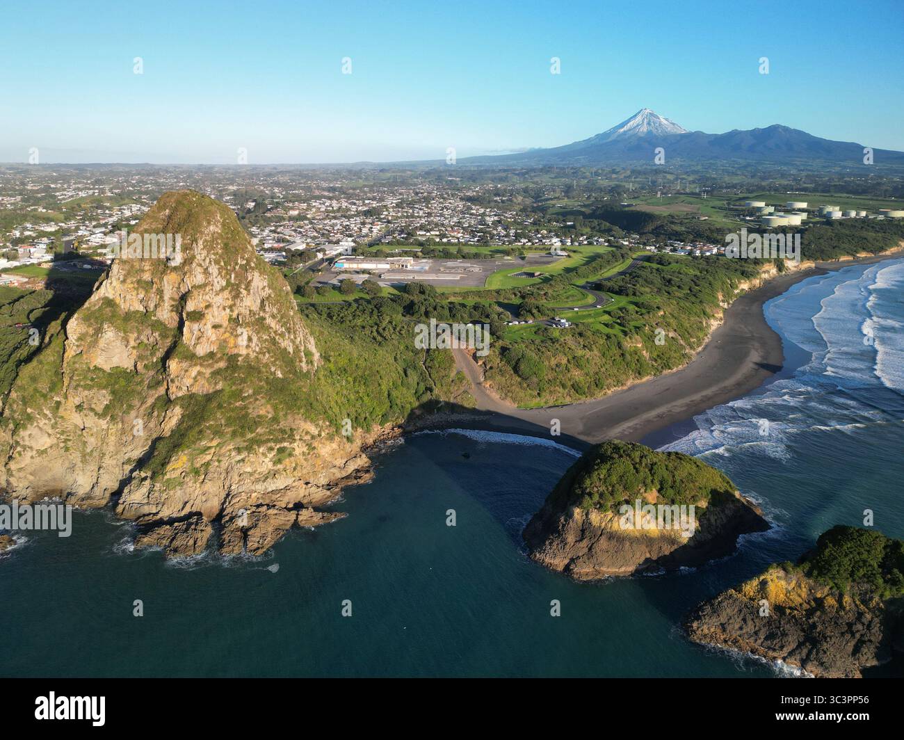 Aerial view of Paritutu Rock and Sugar Loaf Islands at New Plymouth ...