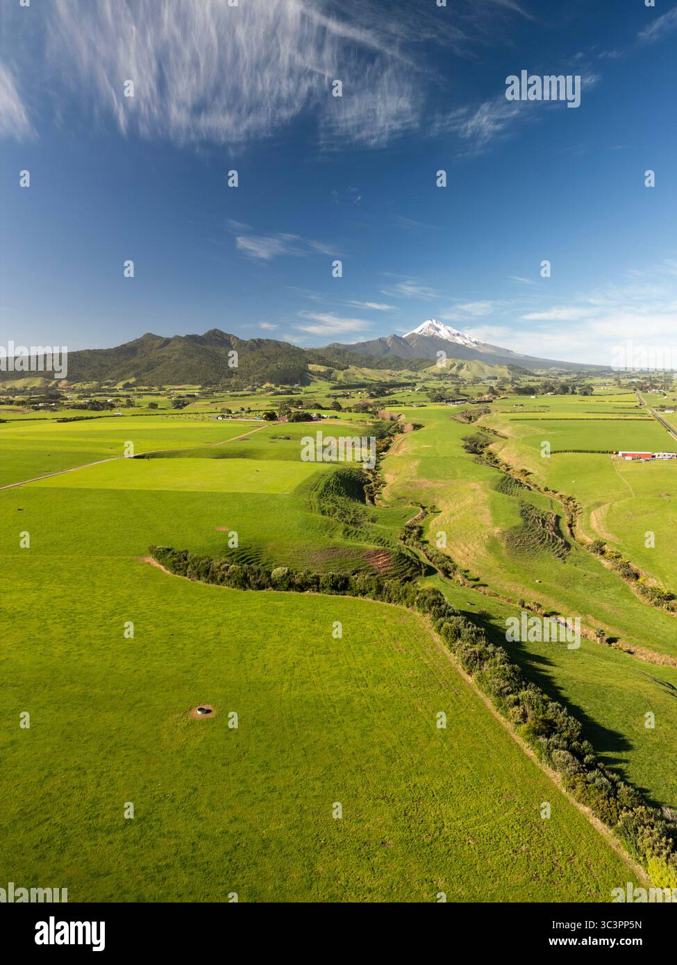 Aerial view of the lush fertile green fields on the coastal bight of ...