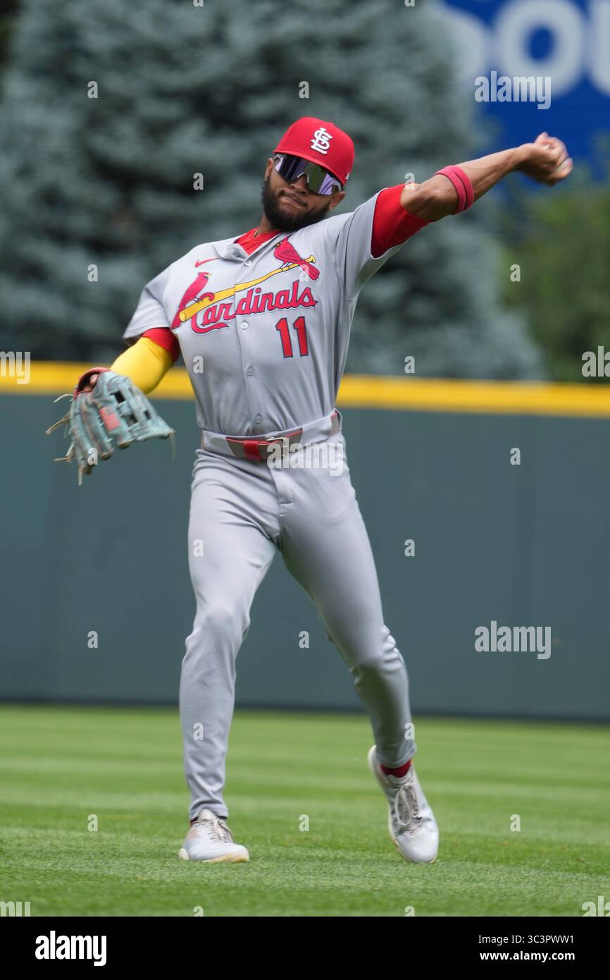 July 23 2025: Saint Louis center fielder Victor Scott (11) warming up ...