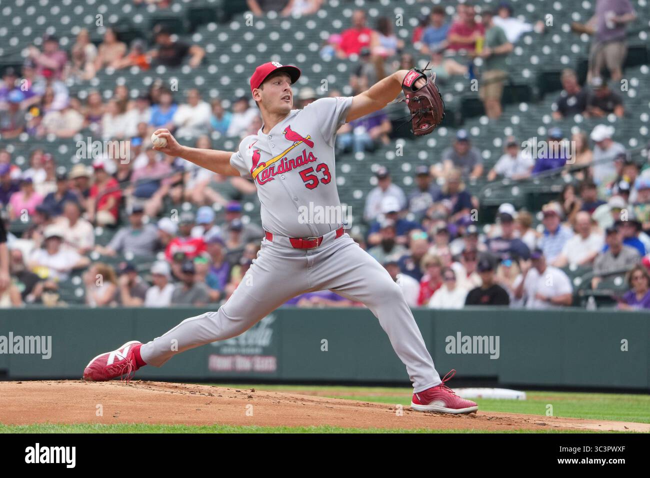 Denver CO, USA. 23rd July, 2025. Saint Louis pitcher Andre Pallante (53 ...