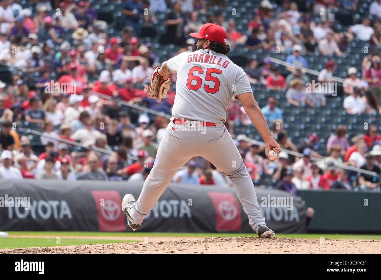 Denver CO, USA. 23rd July, 2025. Saint Louis pitcher Andre Granillo (65 ...