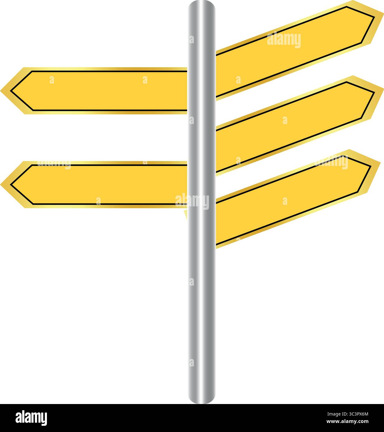 Directional signpost with multiple blank yellow signs pointing towards different options and ...