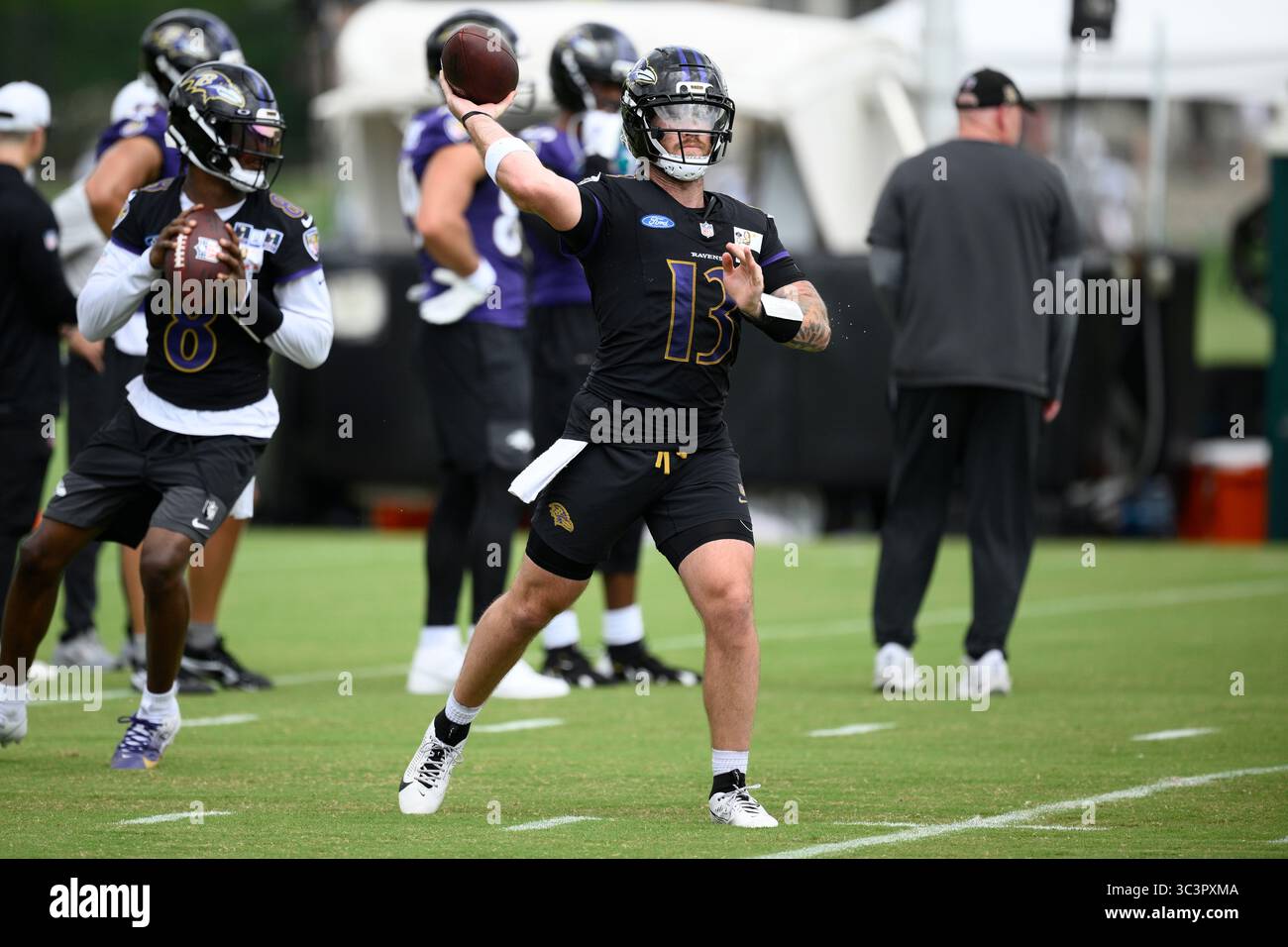 Baltimore Ravens quarterback Devin Leary (13) works out during practice ...