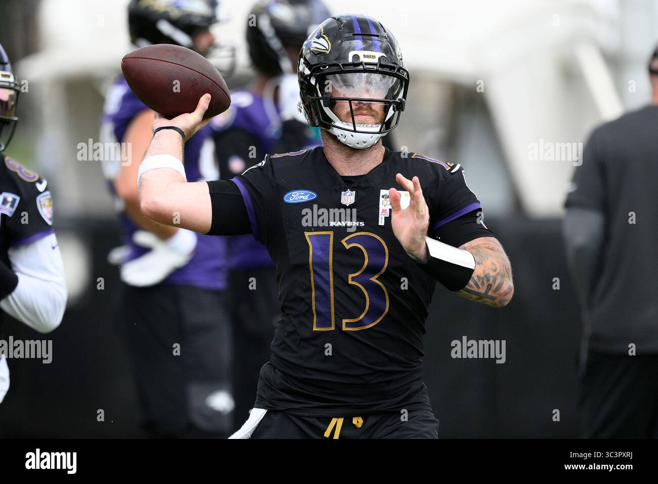 Baltimore Ravens quarterback Devin Leary (13) works out during practice ...