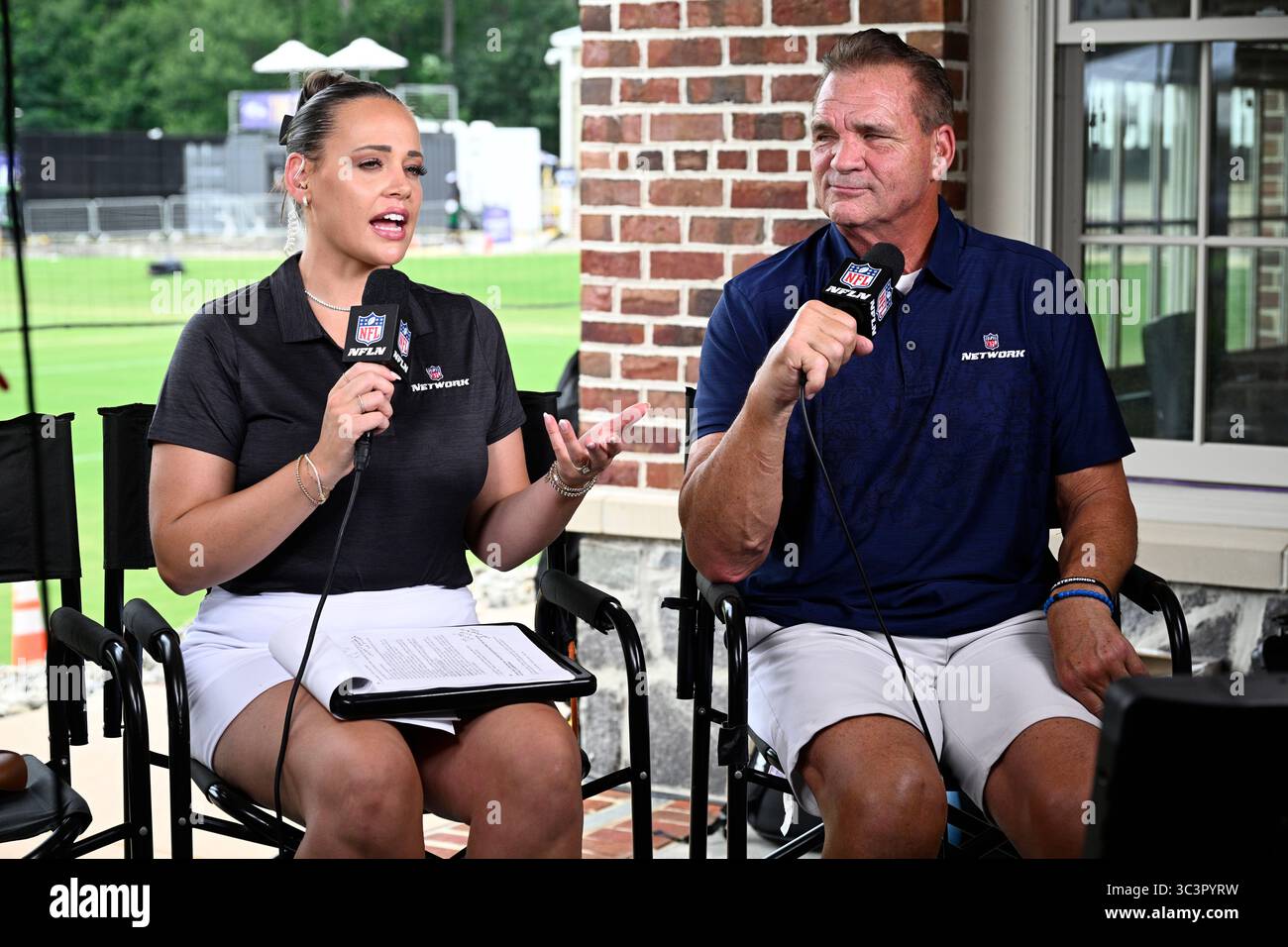 NFL Network reporters Bridget Condon, left, and Brian Baldinger, right ...